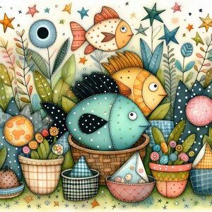 55 Images Whimsical Calico Fish Images Digital Art Printable Instant ...