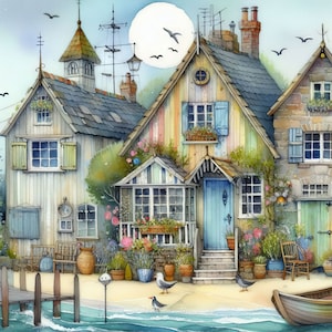 55 Images Whimsical Seaside Cottages: JPEG Images, Digital Art ...