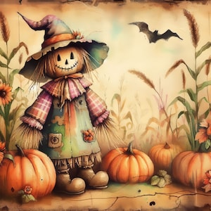 60 Images Scarecrow in Pumpkin Patch Digital Art Printable Kit Instant ...