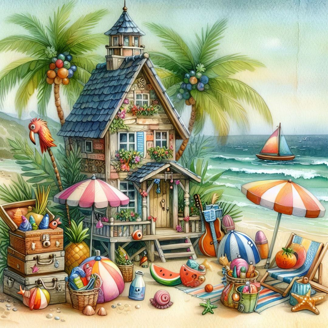 50 Images Whimsical Beach Vacation: Digital Art, Printable Digital ...