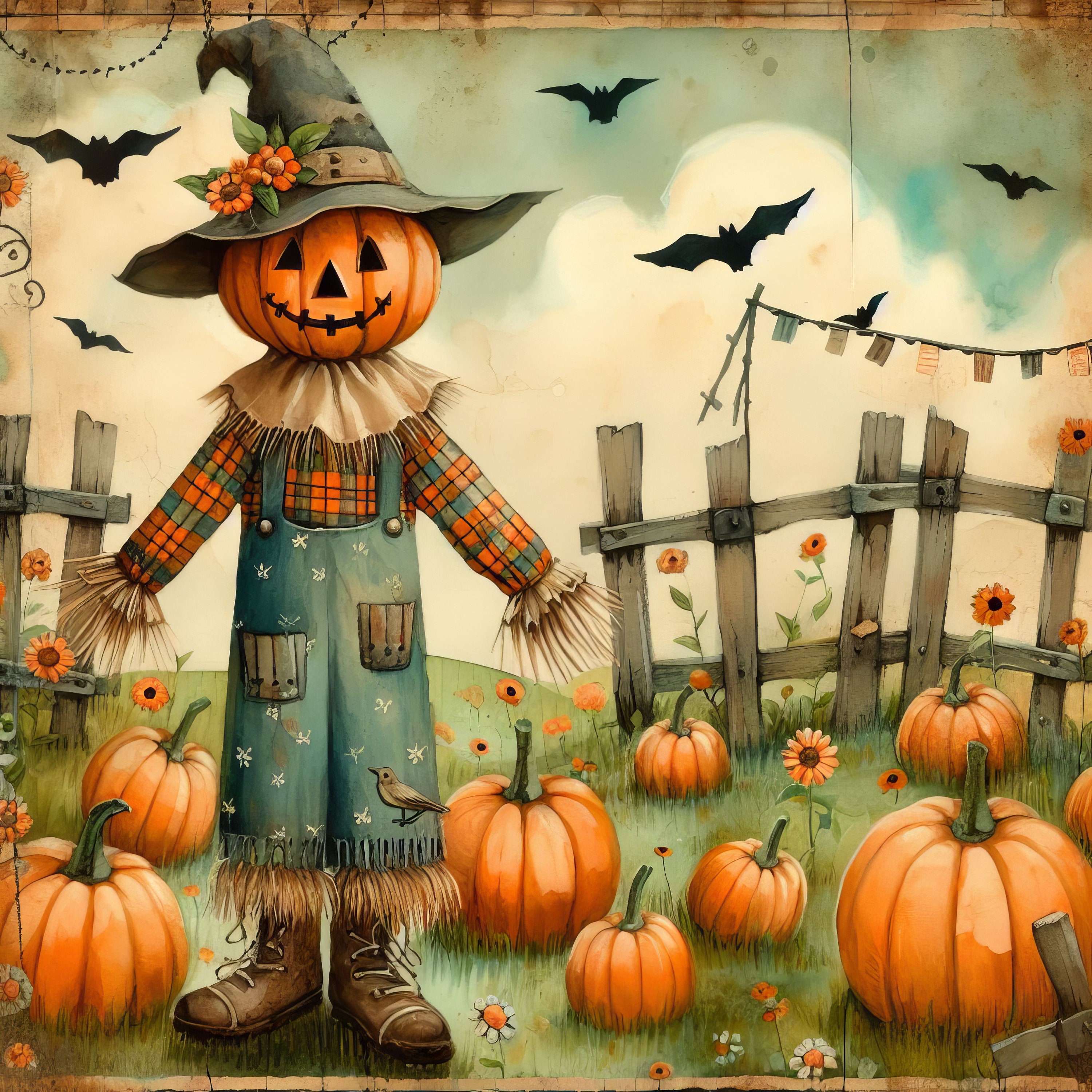 60 Images Scarecrow in Pumpkin Patch: Digital Art, Printable Instant ...
