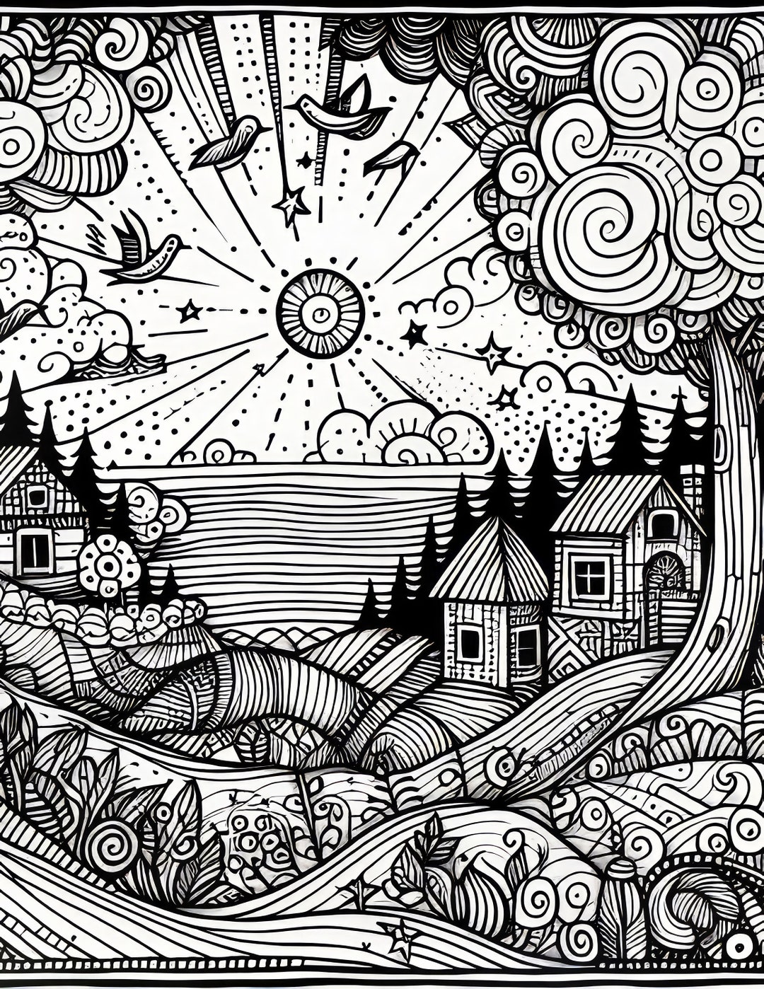 Adult Coloring Pages 44 Whimsical Landscape Images Digital Art Jpeg ...