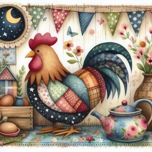 50 Images Whimsical Calico Rooster: Digital Art, Scrapbooking ...