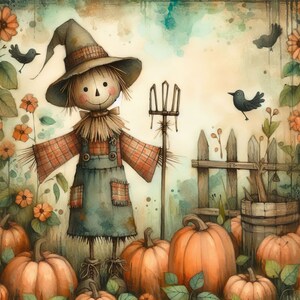60 Images Scarecrow in Pumpkin Patch Digital Art Printable Kit Instant ...