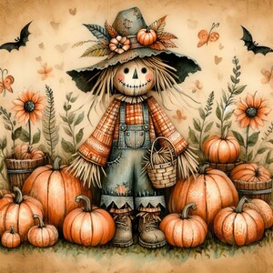 60 Images Scarecrow in Pumpkin Patch Digital Art Printable Kit Instant ...