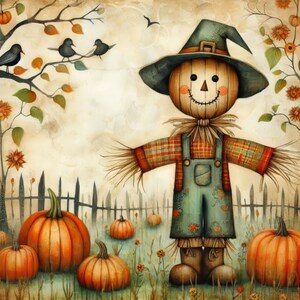 60 Images Scarecrow in Pumpkin Patch Digital Art Printable Kit Instant ...