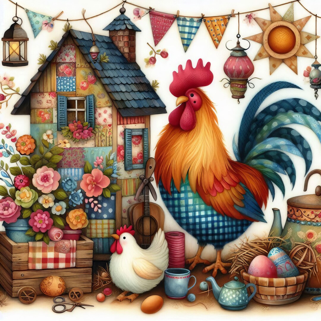 50 Images Whimsical Calico Rooster: Digital Art, Scrapbooking ...