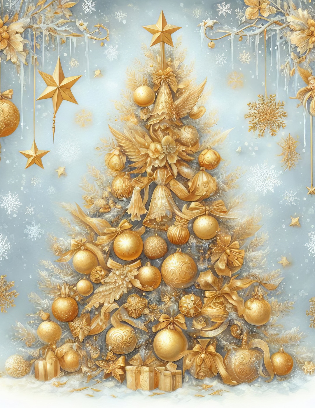 30 Images Golden Christmas Trees Images Digital Art Printable Kit ...