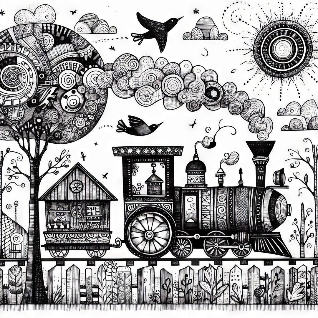 Adult Coloring Pages 44 Whimsical Train Images Digital Art Printable ...