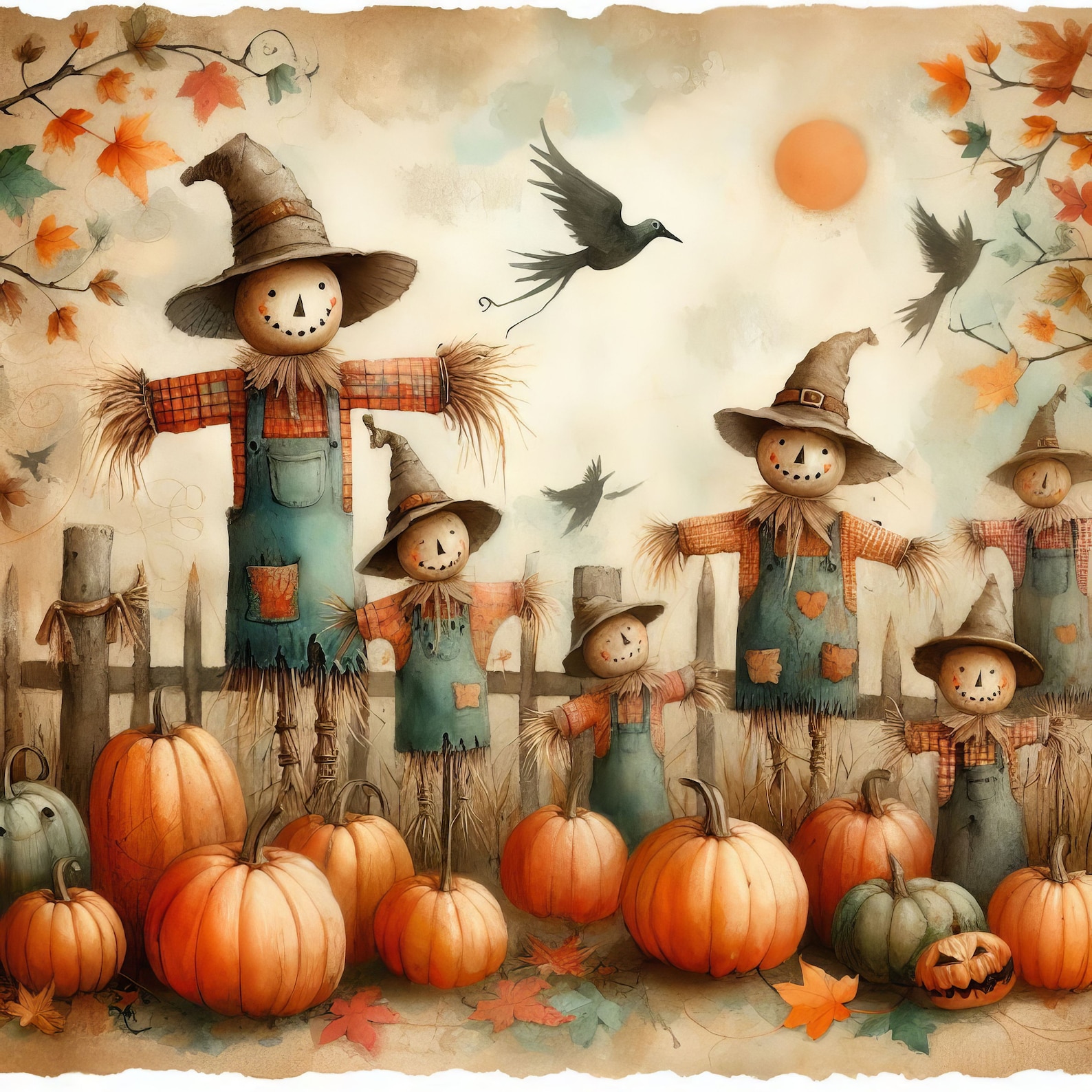 60 Images Scarecrow in Pumpkin Patch Digital Art Printable Kit Instant ...
