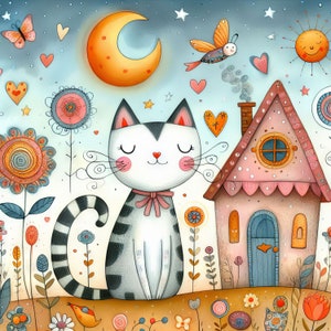 58 Images Whimsical Cat Images Digital Art Printable Instant Digital ...