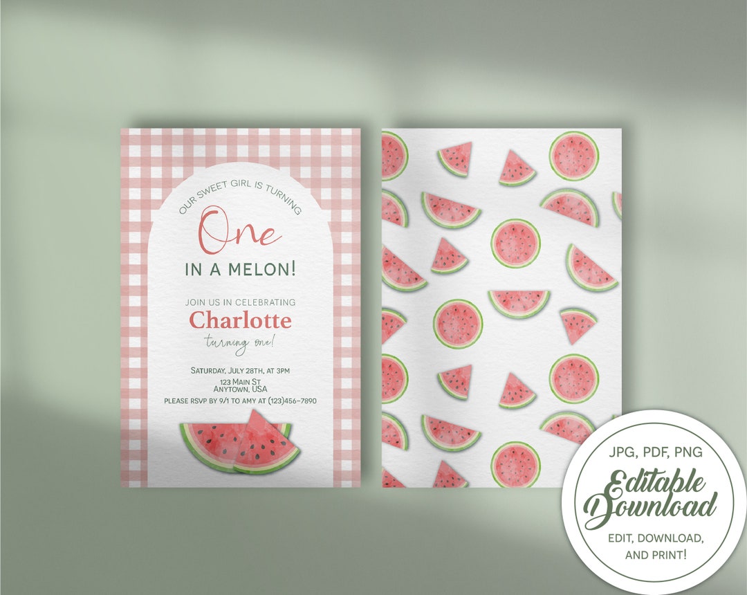 EDITABLE | "one in a Melon" Birthday Invitation Template, Watermelon ...