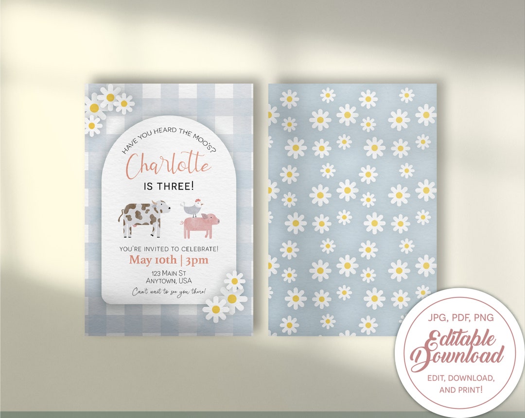 EDITABLE | "gingham Daisy Farm" Birthday Invitation Template, Daisy ...