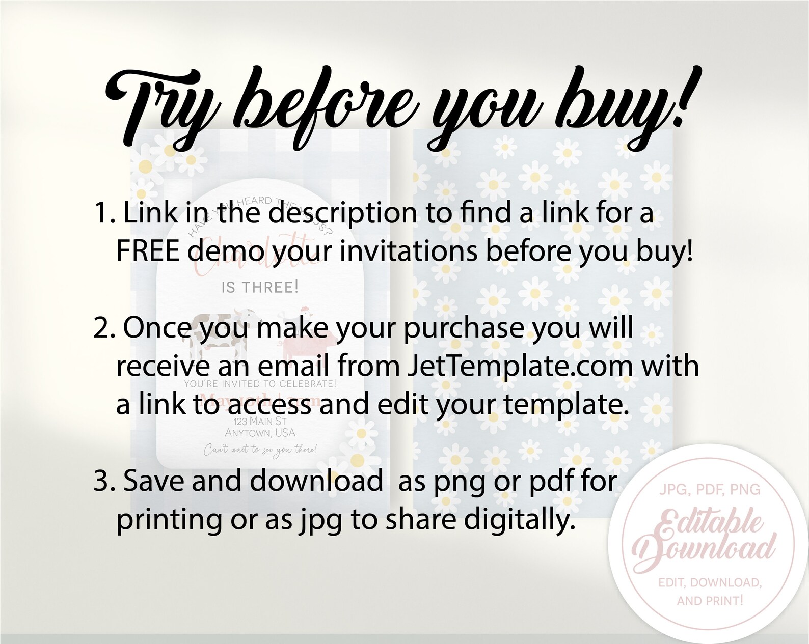 EDITABLE | "gingham Daisy Farm" Birthday Invitation Template, Daisy ...