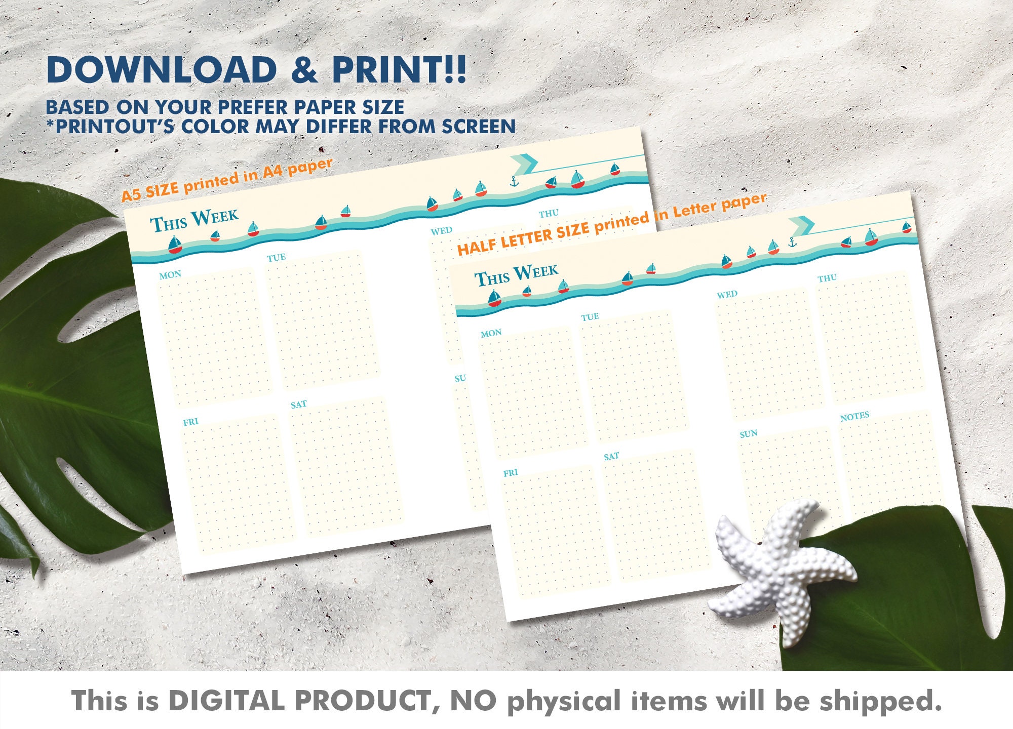 Sea Theme Printable 2022 Weekly Planner Spread Page 2 Page A5 | Etsy UK