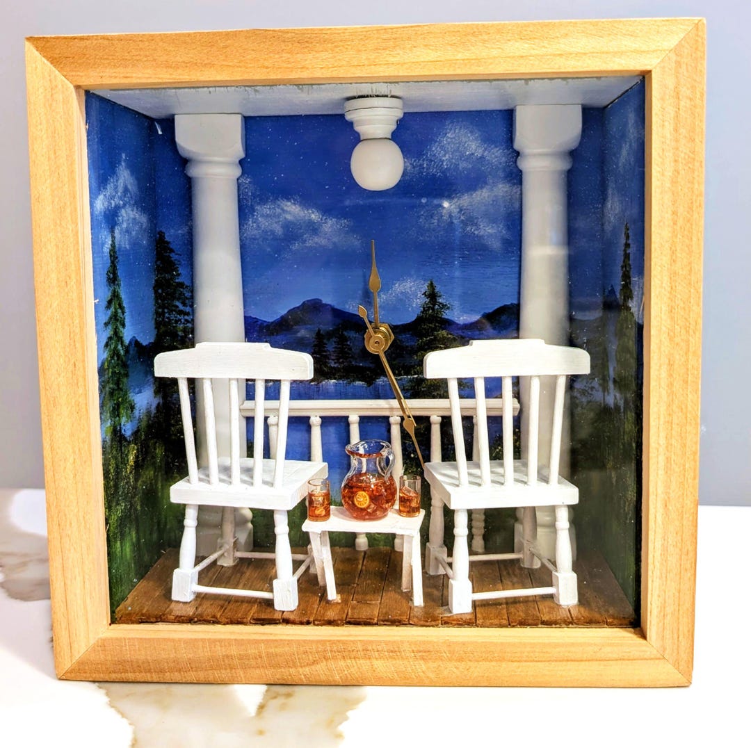 Handmade Desk Clock Featuring Miniature Scene of Two Chairs Overlooking ...