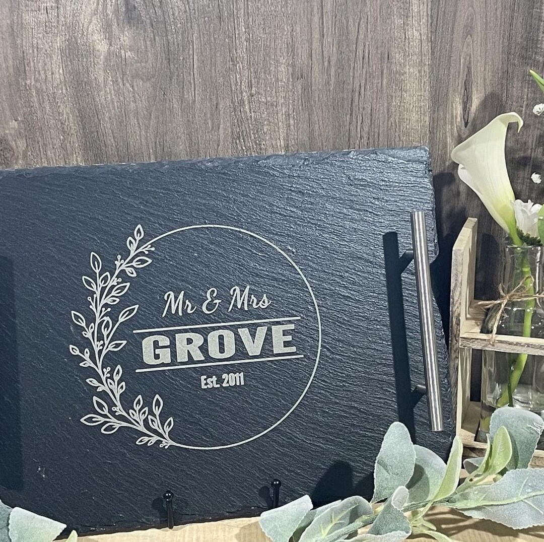 Monogrammed Slate Serving Tray With Handles, Personalized Charcuterie ...