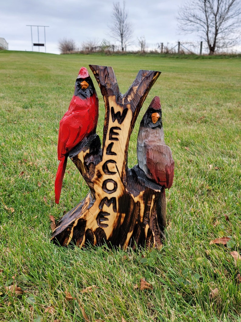 18x12 Inch Male/female Chainsaw Carved Cardinal Scene With Welcome - Etsy