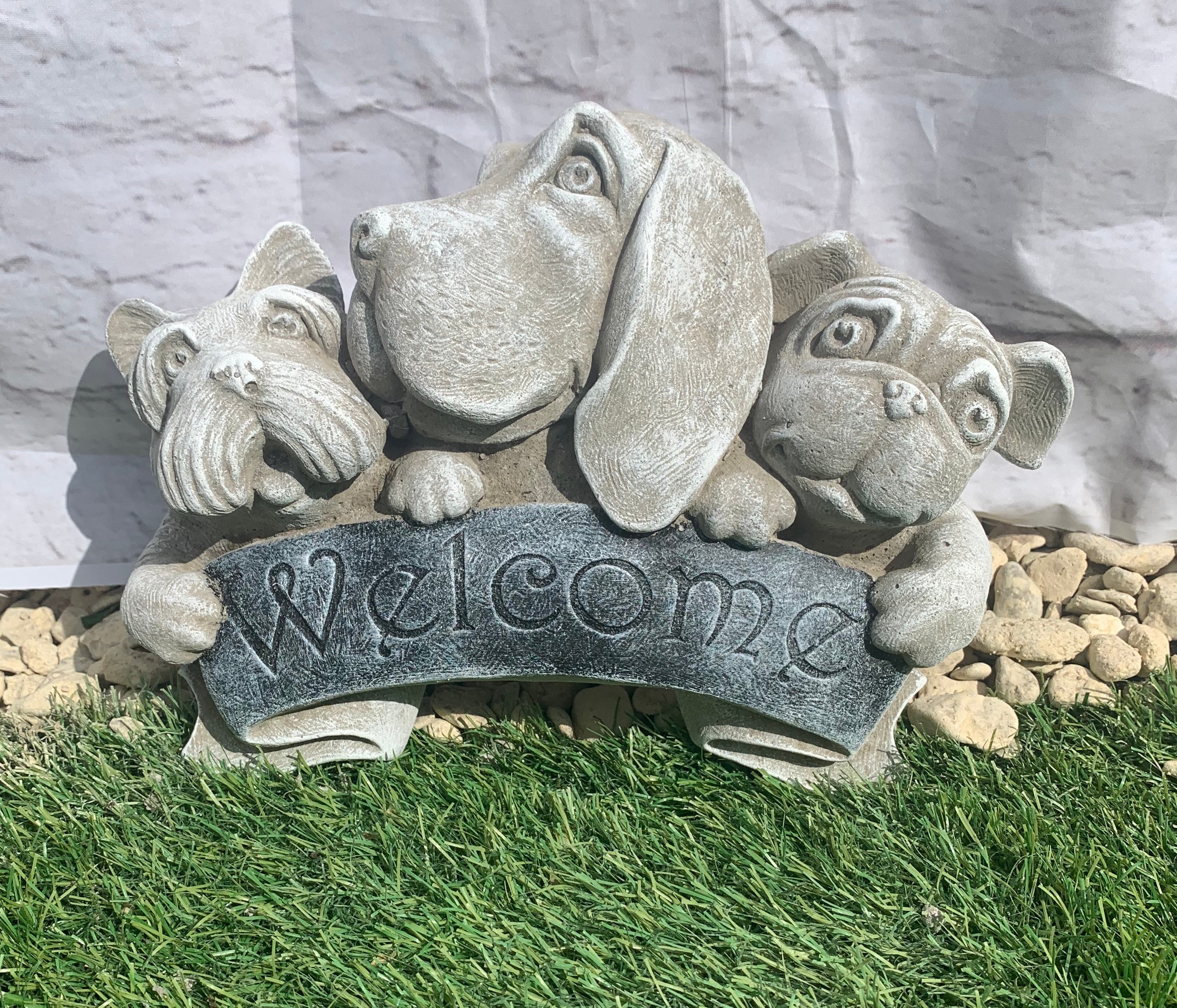 Stone Dog Welcome Sign, Welcome Plaque, Dog Garden Ornament, Garden ...