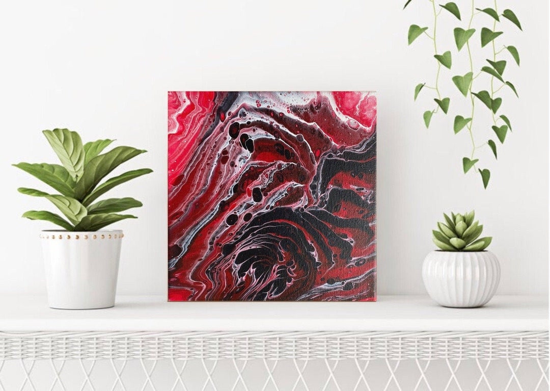 8x8" Wolfpack Colors Red Acrylic Ring Pour Abstract Fluid Art Original ...