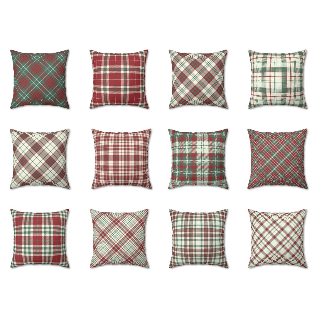 Vintage Red Green Plaid Pillow, Tartan Plaid Christmas Pillow, Striped ...