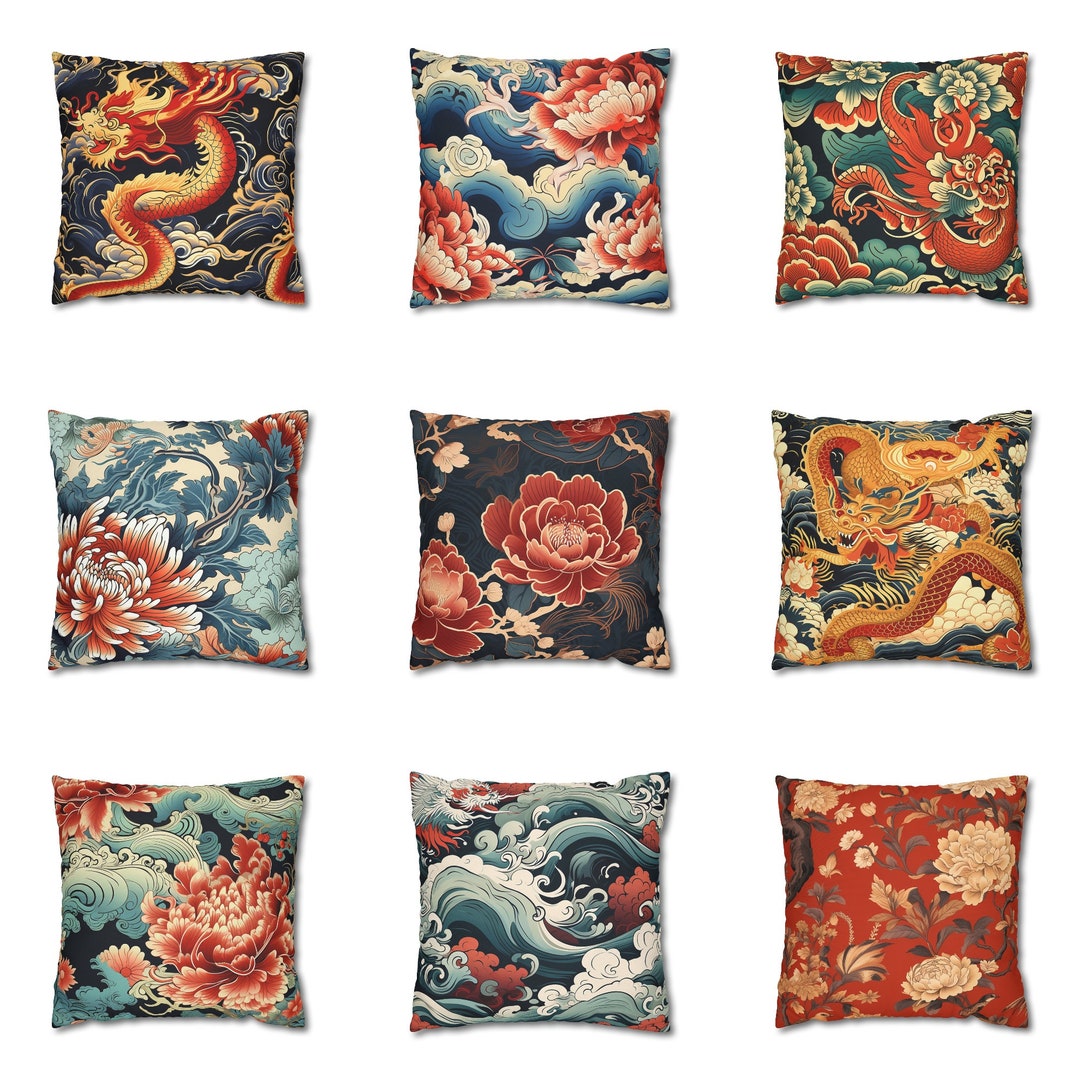 Chinoiserie Pillow, Chinese Motifs Throw Pillow Cover, Asian Art Theme ...