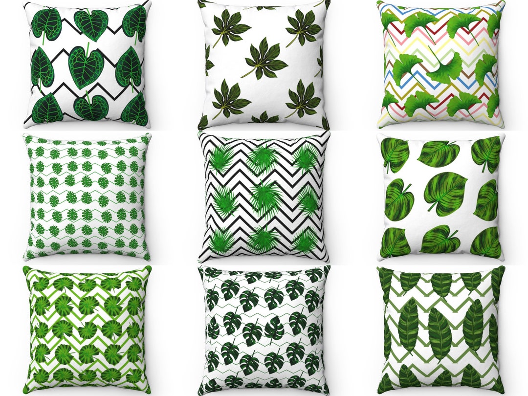 Tropical Plant Leaf Throw Pillow Cover, Green Botanical Leaves Outdoor ...