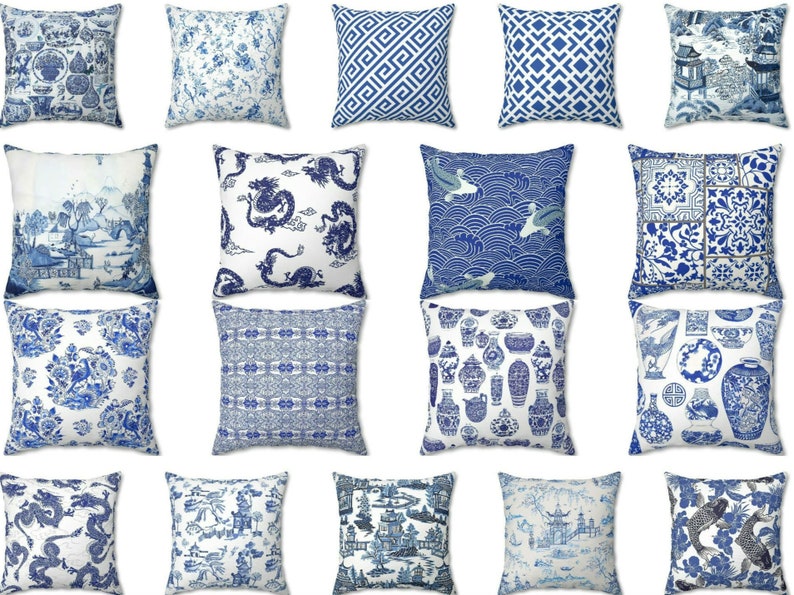 Blue Chinoiserie Pillow, Asian Inspired Pillow, Exotic Scenic Pillow ...