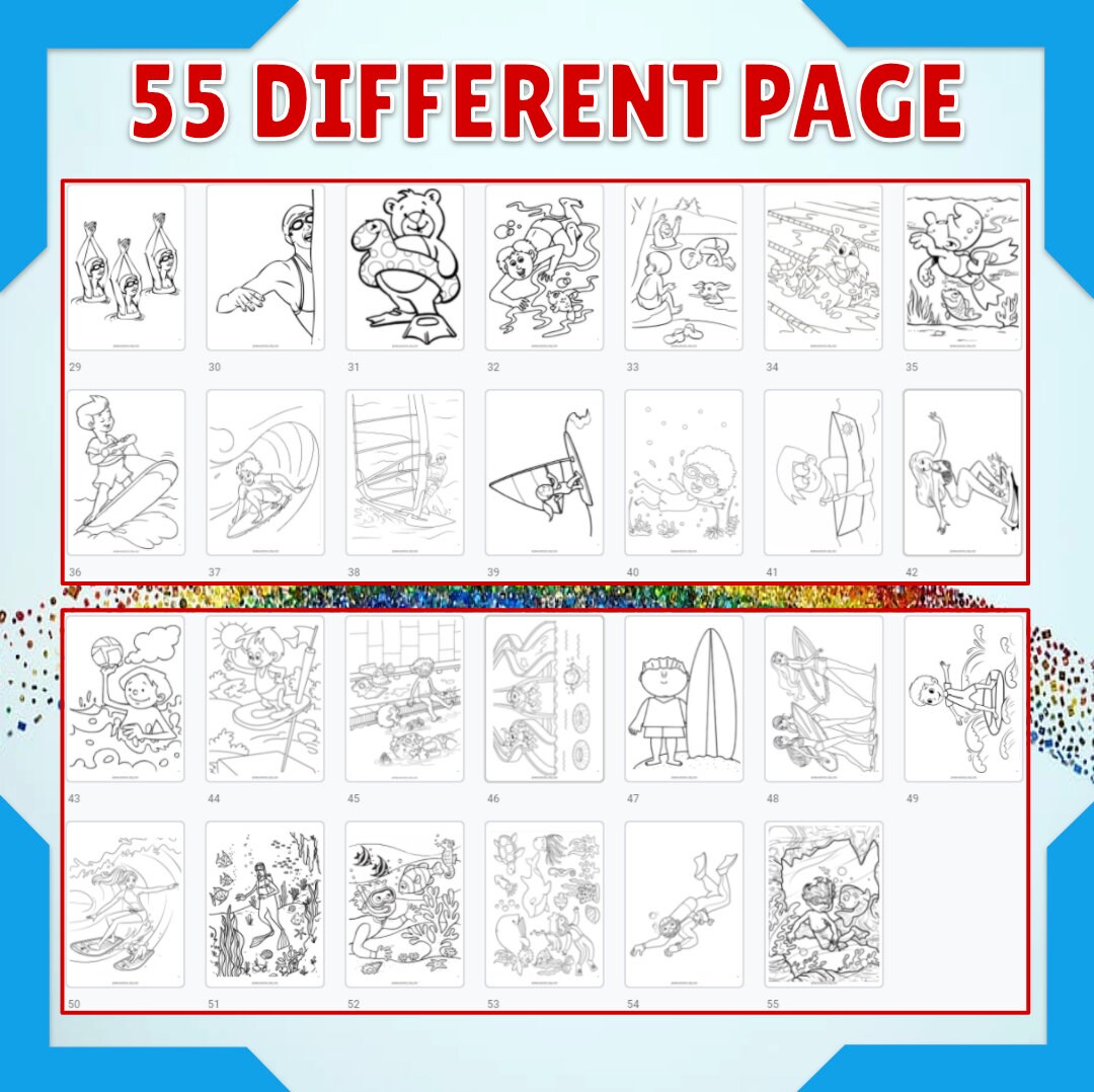 Watersports Coloring Pages, Printable Swimming Coloring Book 55 Page ...