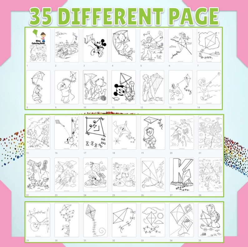 Cute Kite Coloring Pages, Printable Kite Coloring Book 35 Page PDF ...
