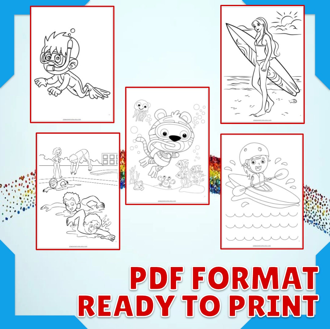 Watersports Coloring Pages, Printable Swimming Coloring Book 55 Page ...