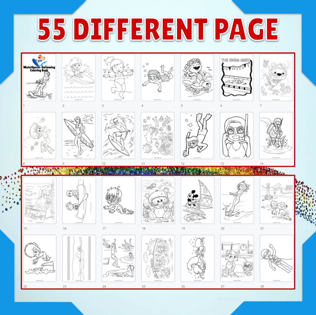 Watersports Coloring Pages, Printable Swimming Coloring Book 55 Page ...