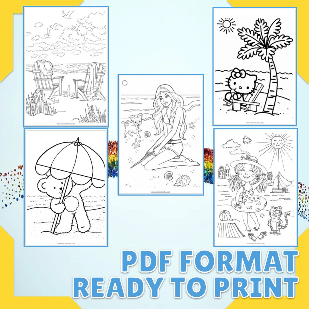Beach Coloring Pages, Printable Beach Coloring Book 55 Page PDF ...