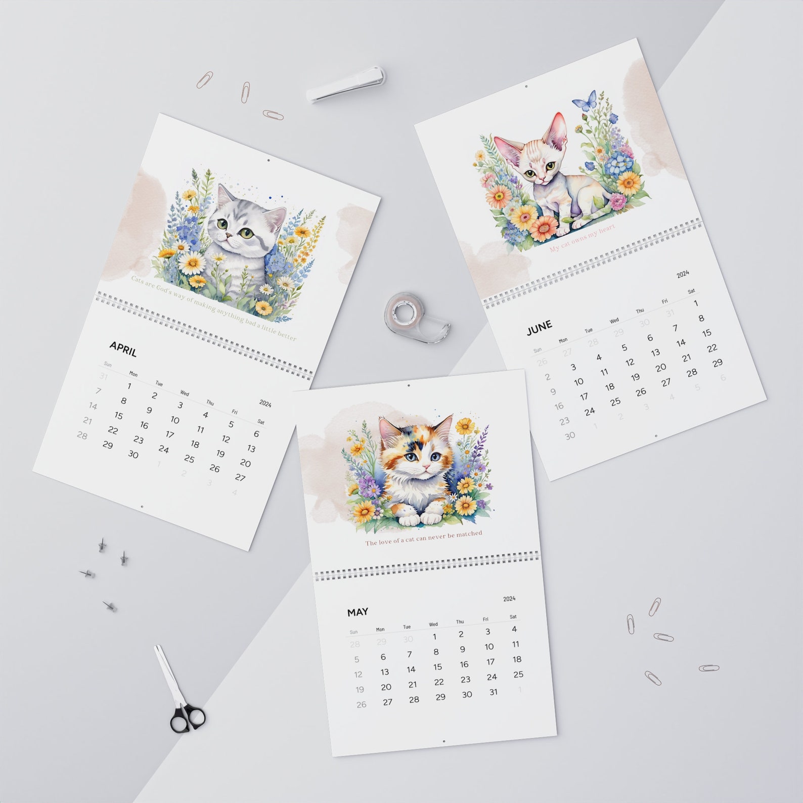 Wall Calendar 2024 Watercolor Cute Cat Yearly Calendar - Etsy