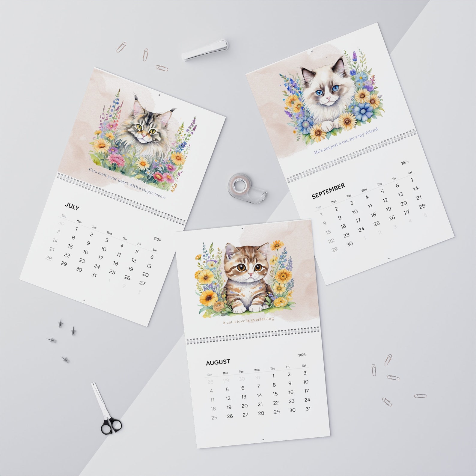 Wall Calendar 2024 Watercolor Cute Cat Yearly Calendar - Etsy