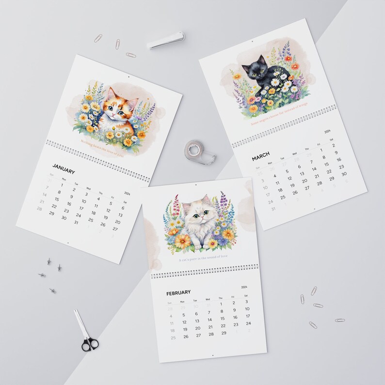 Wall Calendar 2024 Watercolor Cute Cat Yearly Calendar - Etsy