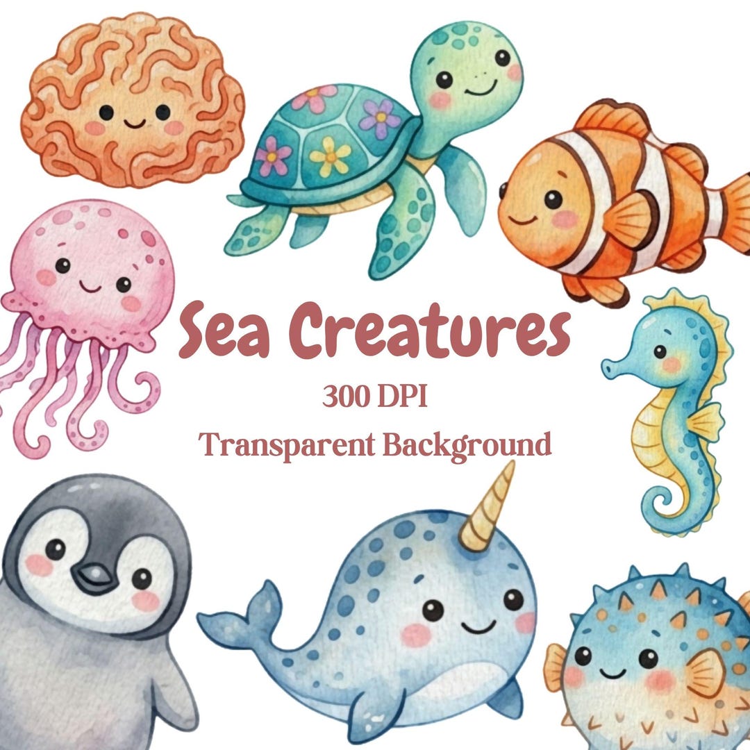 Watercolor Marine Animals Clipart, Baby Nursery Graphics, Under the Sea ...