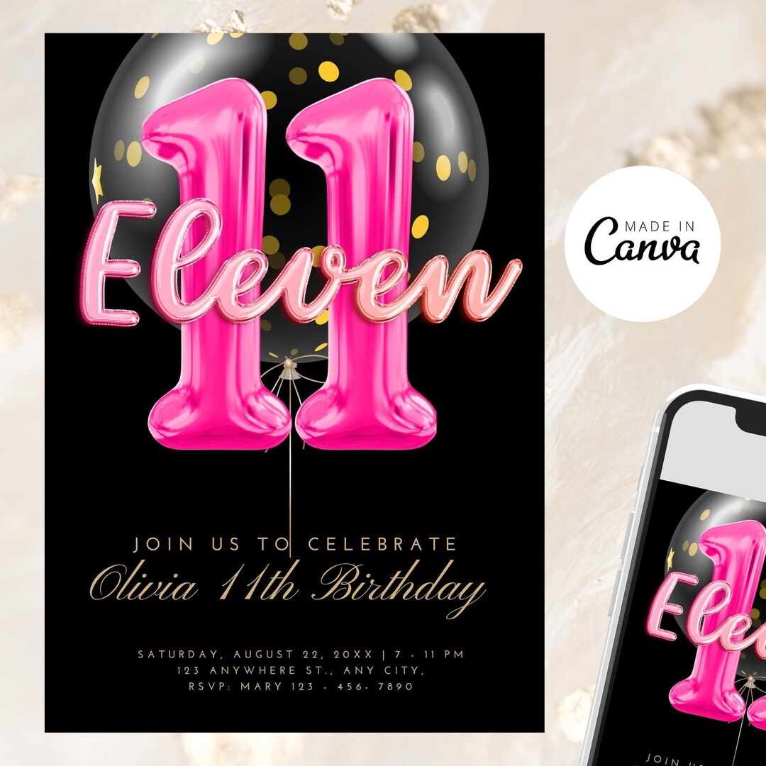 Editable Pink 11th Birthday Invitation Template Glitter Birthday Party