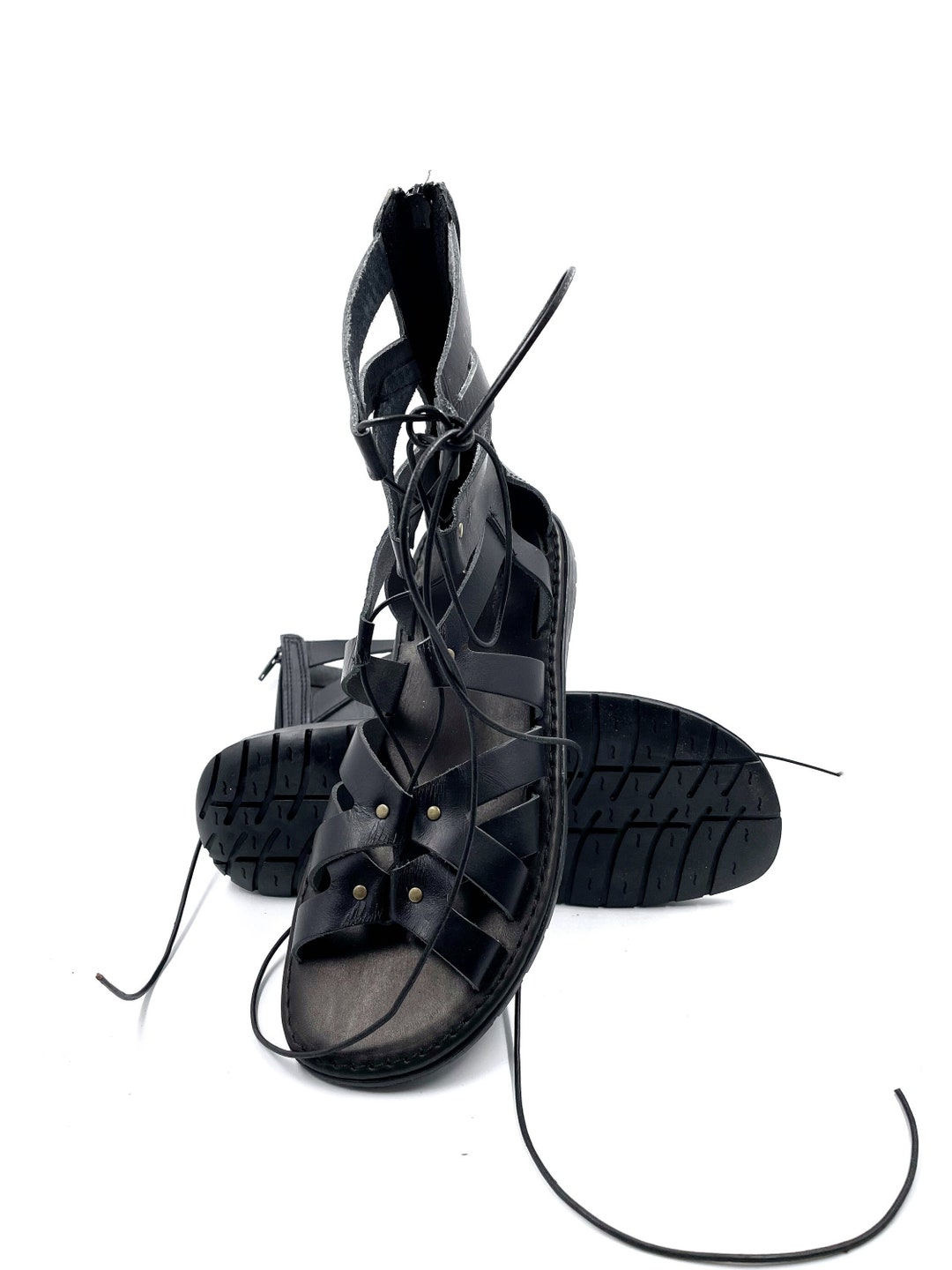 Black Gladiator Sandals for Men, Laced up Sandals for Men From Genuine ...