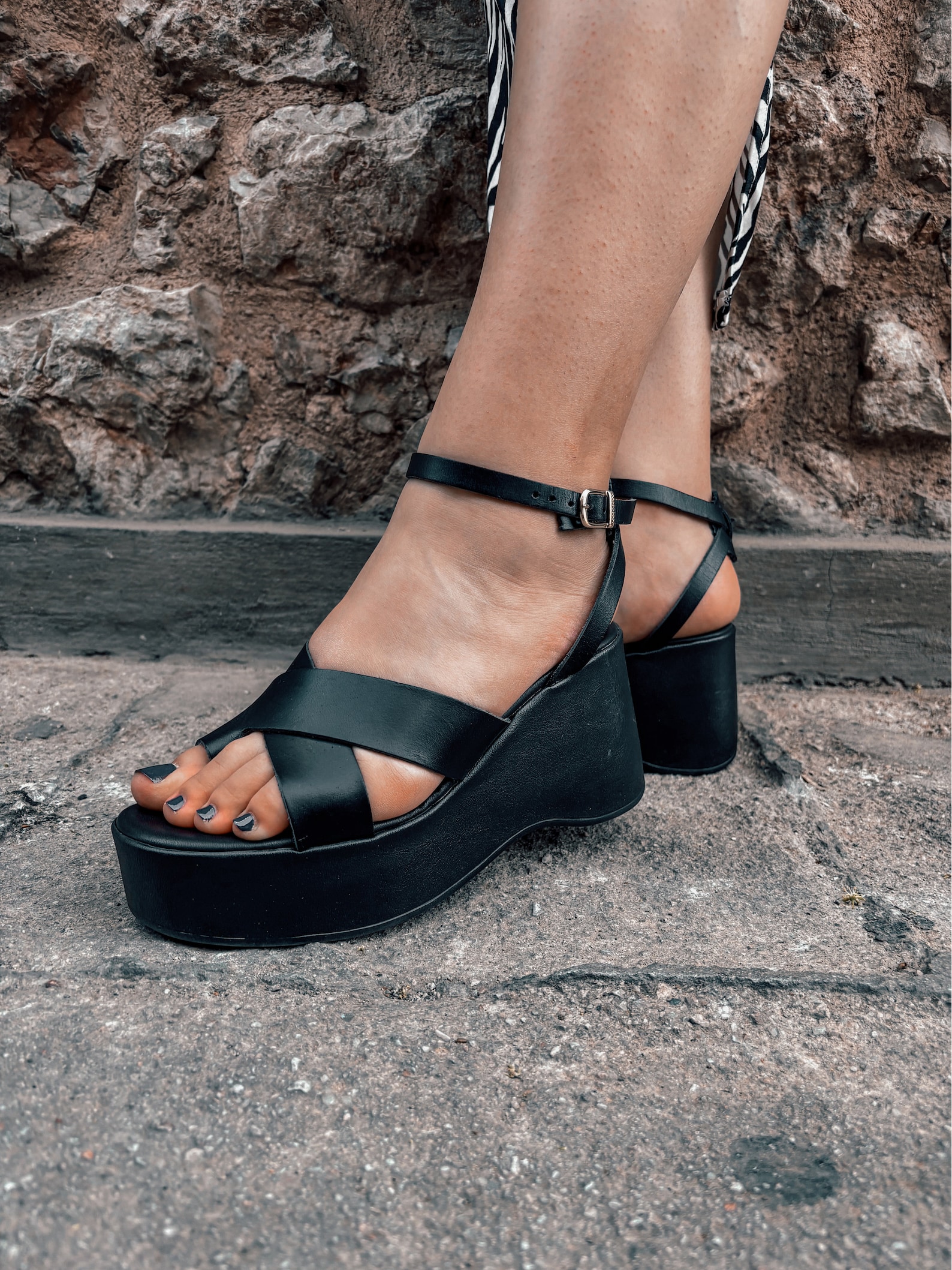 Womens Leather Platform Sandals Black, Platform Sandals Gift for Her ...