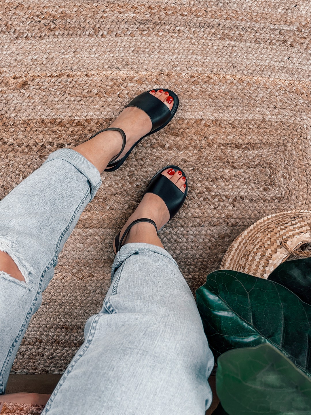 Black Strappy Leather Sandals for Women, Leather Greek Sandals With ...