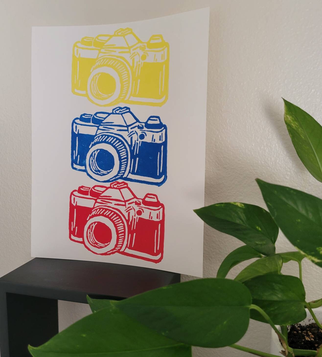 Vintage Camera Linocut Print, Minimalist Primary Colors Pop Art, Retro ...