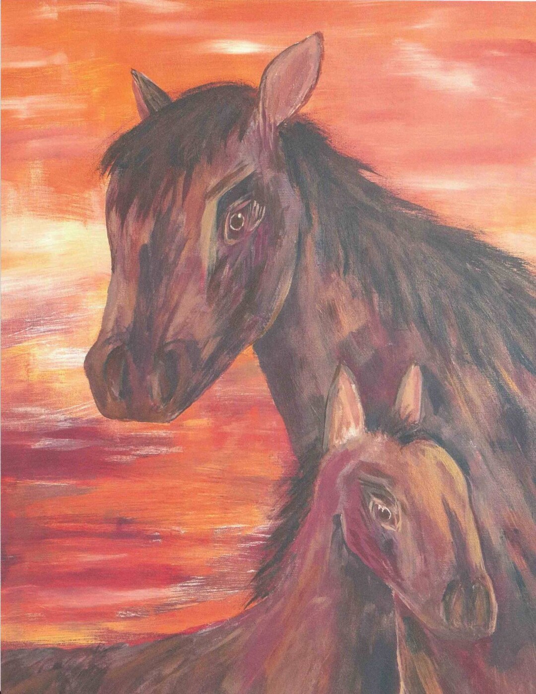 Mom and Baby Horse at Sunset, Art Print, Art Print of Painting, Horses ...