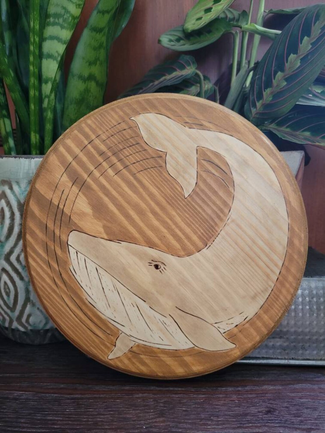 Circular Whale Pyrography Plaque Wall Hanging, Wood Burning Art, Sea ...