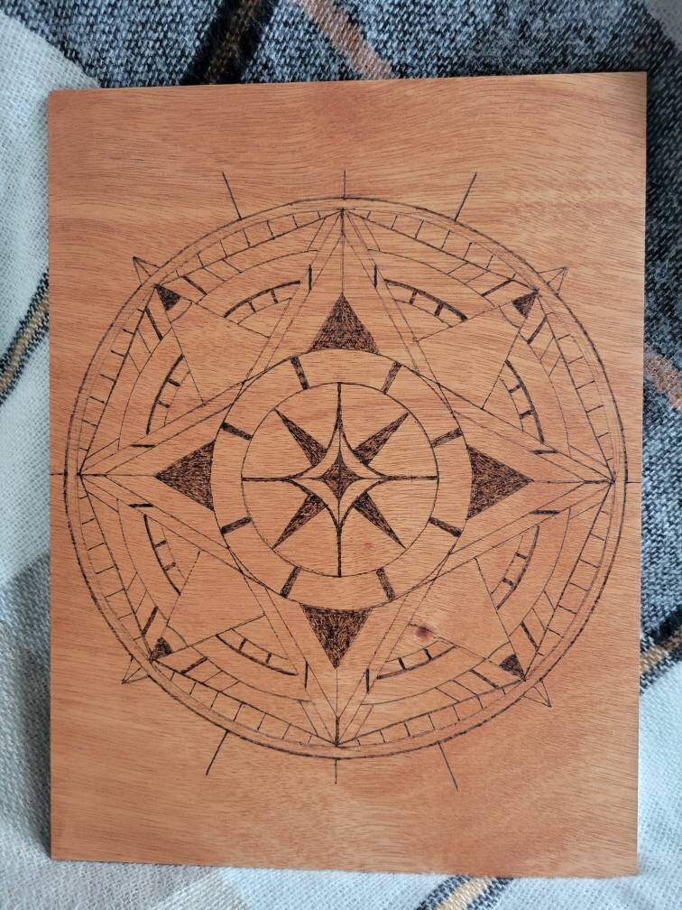 Geometric Compass Design, Pyrography Wood Art, Woodburned Art (9"x12 ...