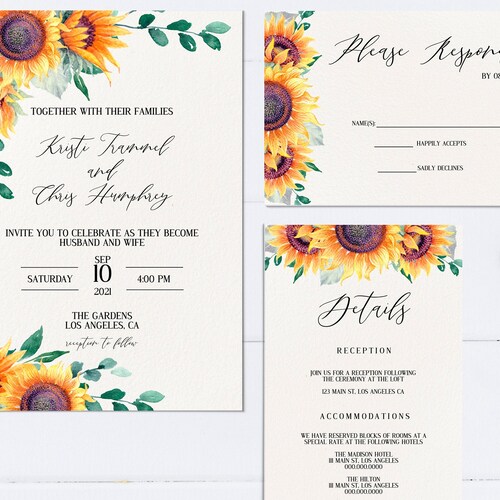 Sunflower Wedding Invitation Template Fall Wedding - Etsy