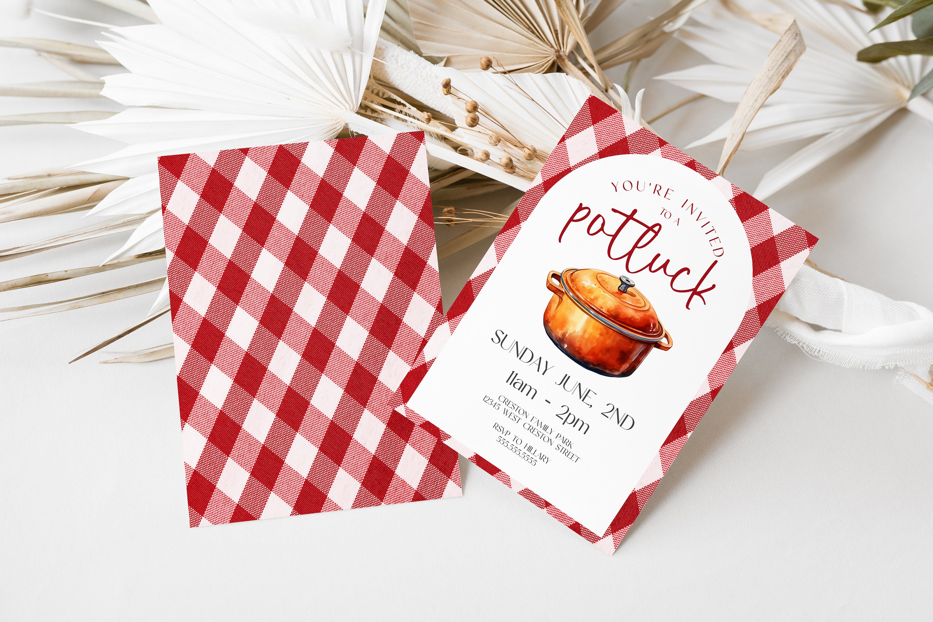 Editable Potluck Invitation Template, BBQ Party Invite, Red Gingham ...