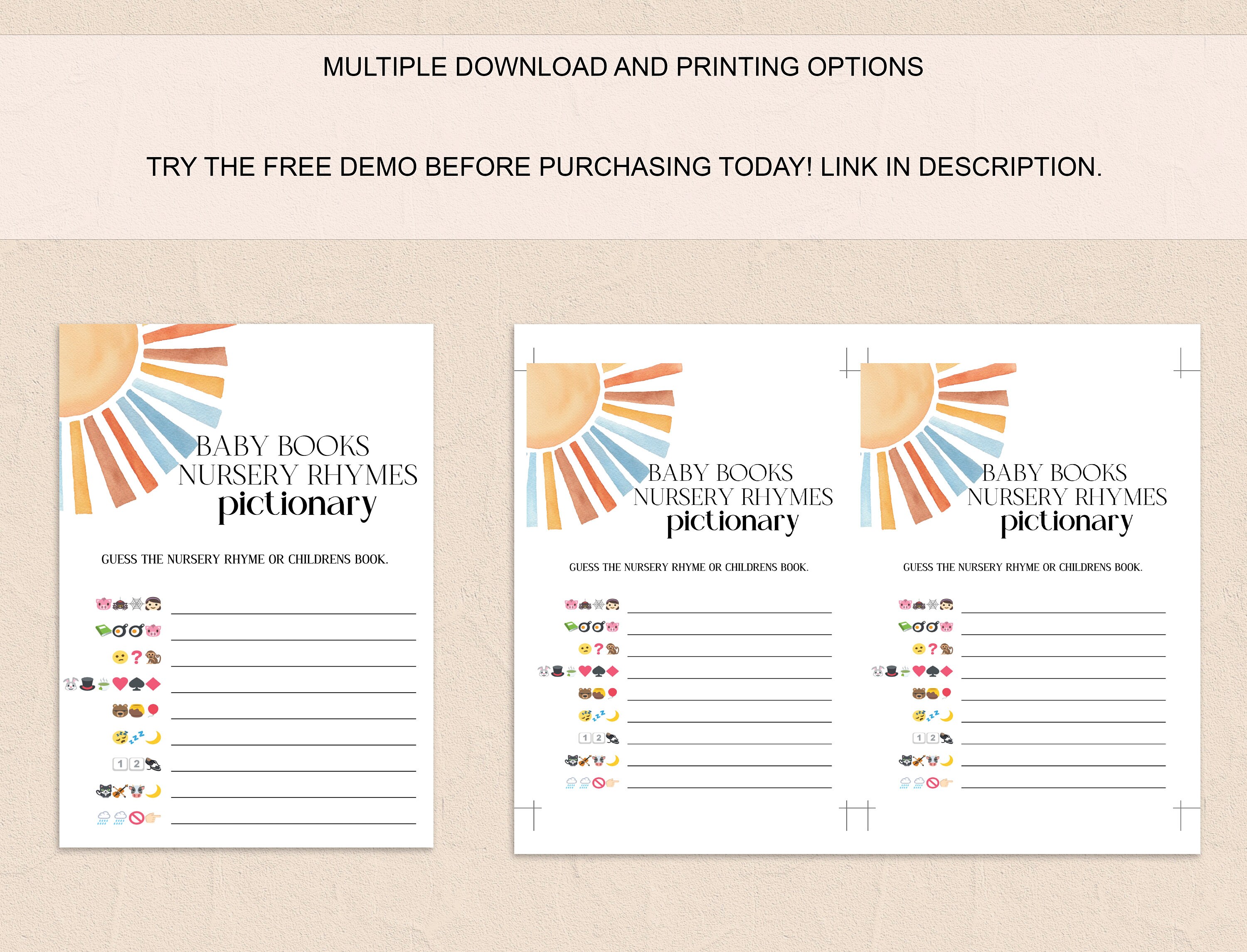 Baby Books & Nursery Rhymes Pictionary Emoji Baby Shower Game Printable ...