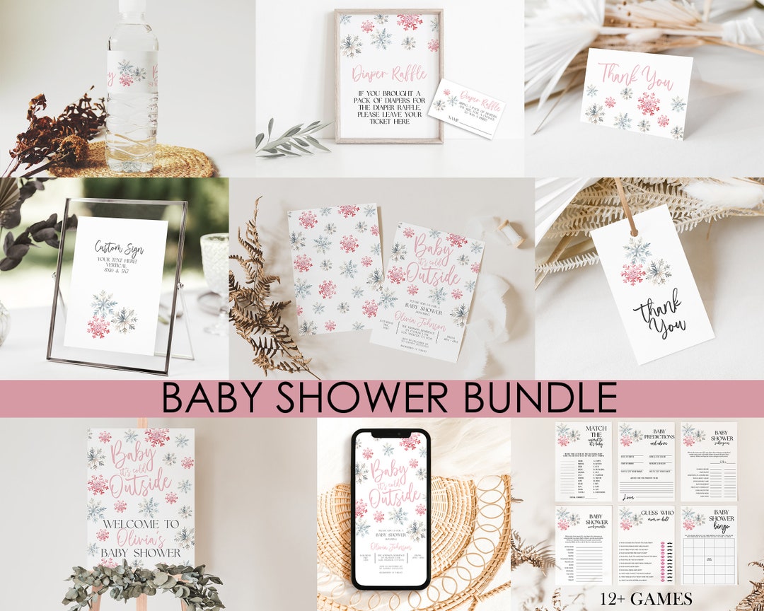 Baby It's Cold Outside Baby Shower Theme Bundle, Pink & Blue Snowflakes ...