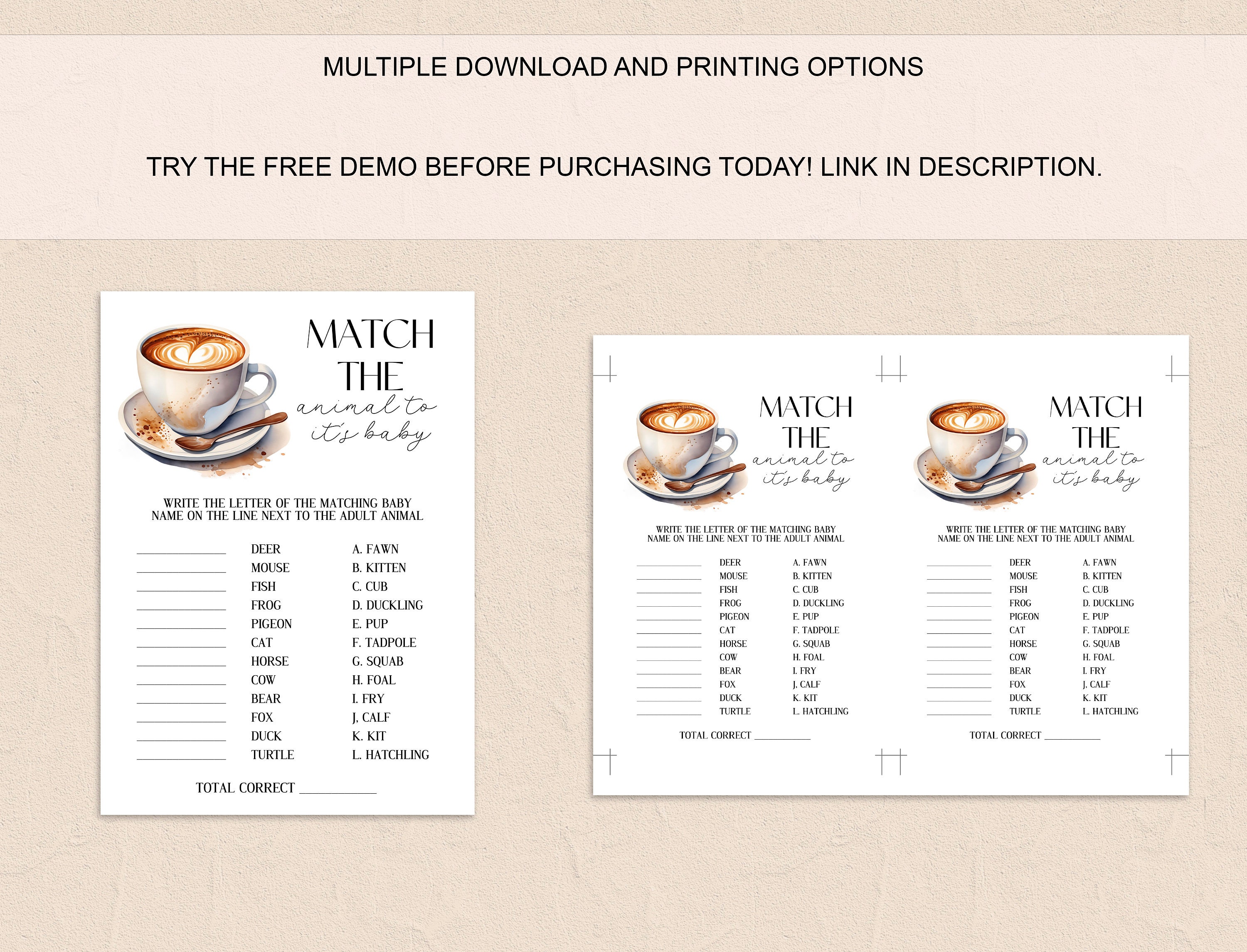 Coffee Baby Shower Theme Games Template, Match the Animal Game, Baby is ...